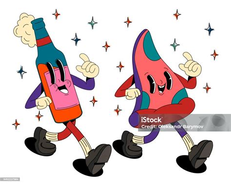Karakter Bir Dan Pizza Kartun Retro Psikedelik Asyik Stiker Modern Dengan Bir Dan Pizza Wajah