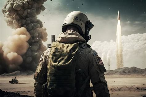 Soldier In Front Of A Ballistic Missile Launch Neural Network Ai Generated Stock Illustration