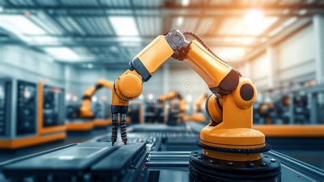 Robotic Arms In Modern Automated Factory Industry 4 0 And Smart Manufacturing Concept Stock