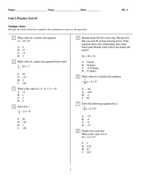 Unit 2 Practice Test 3 Identify The Choice That Best Completes The