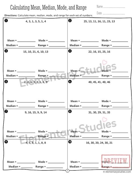 Calculating Mean Mode Median And Range Worksheets Elementary Studies