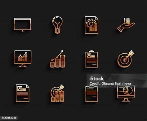라인 재개 동전 기호가 있는 대상 칠판 문서 컴퓨터 모니터 그래프 차트 파이 인포그래픽 및 클립보드 재개 아이콘을 설정합니다 벡터 검은색에 대한 스톡 벡터 아트 및 기타