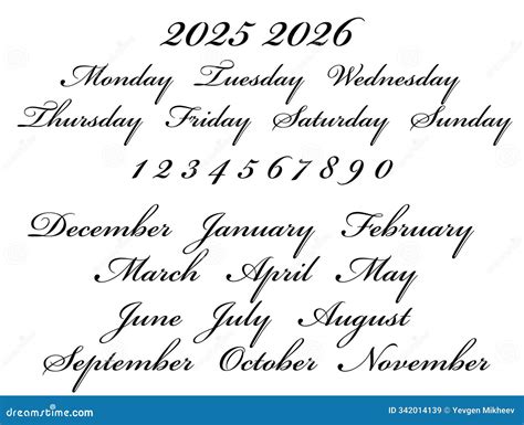 Months Names Line Cursive Calligraphy Set Calendar Continuous Handwritten Calligraphic Script