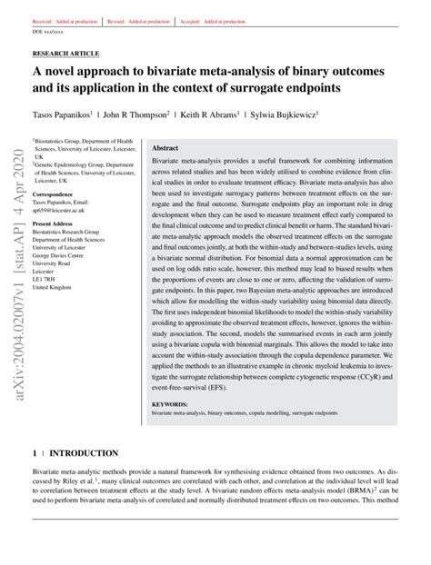 A Novel Approach To Bivariate Meta Analysis Of Binary Outcomes And Its