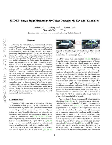 smoke single stage monocular 3d object detection via keypoint