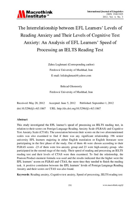 Pdf The Interrelationship Between Efl Learners Levels Of Reading Anxiety And Their Levels Of