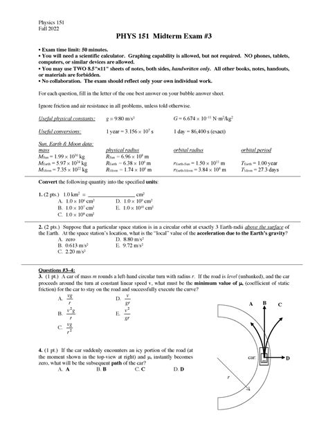 Exam Phys Midterm Sample Questions Physics Fall PHYS Midterm Exam Exam Time