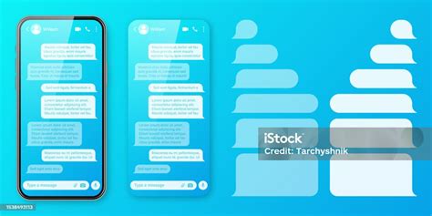 화려한 파란색 배경에 메시징 앱이 있는 현실적인 스마트폰 빈 Sms 텍스트 프레임입니다 투명한 메시지 거품이 있는 채팅 화면