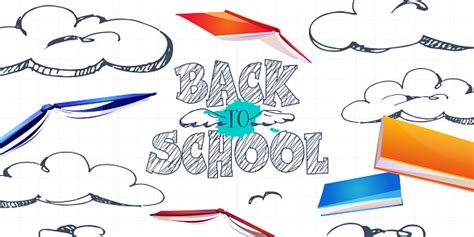 만화 스타일의 초등학교 교육의 개념 학교로 돌아 가기 노트북 시트의 배경에 인사말 텍스트와 자유형 그림이있는 교과서와 책을 날리기 온라인 주문 웹 페이지 앱 디자인을위한