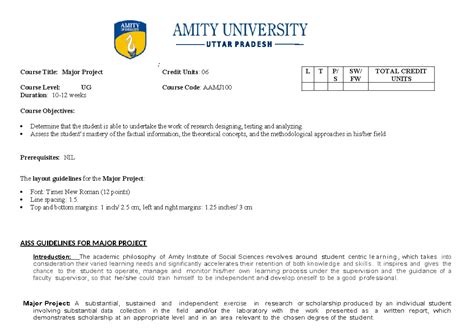 Dissertation Syllabus Course Title Major Project Credit Units 06 Course Level Ug Course