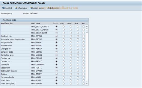 opuj sap tcode field selection project definition