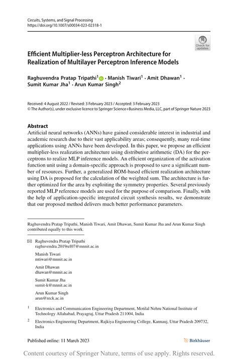 Efficient Multiplier Less Perceptron Architecture For Realization Of