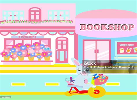 밝은 달콤한 라이트 블루 핑크 만화 소녀 토끼 토끼 웃는 자전거 꽃과 서점 컬러 일러스트 레이 션 2022 귀여운에 대한 스톡 벡터 아트 및 기타 이미지 Istock