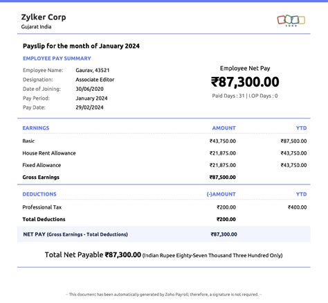 What Is Salary Slip Or Payslip Format And Components Zoho Payroll