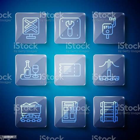 석탄 기차 마차 뉴스 철도 철도 트랙 비상 브레이크 기차표 유리가 달린 와인 병 철도 건널목 및 아이콘을 설정합니다 벡터 거리에 대한 스톡 벡터 아트 및 기타 이미지