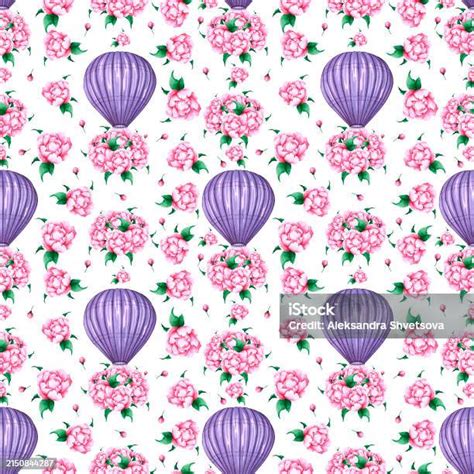수채화 보라색 열기구 와 모란 꽃 완벽 한 패턴 흰색 배경에 손으로 그린 그림입니다 디자인 인쇄물 패브릭 또는 배경용 0명에 대한 스톡 벡터 아트 및 기타 이미지 Istock