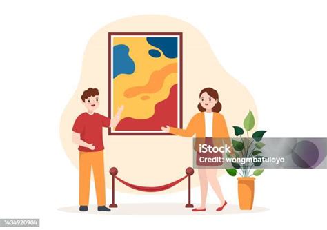 전시 박물관의 아트 갤러리 방문자 현대 추상화에서 현대 추상화를 볼 수 있으며 평면 만화 손 템플릿 일러스트레이션에서 사진 사진 예술 및 공예제품에 대한 스톡 벡터 아트 및