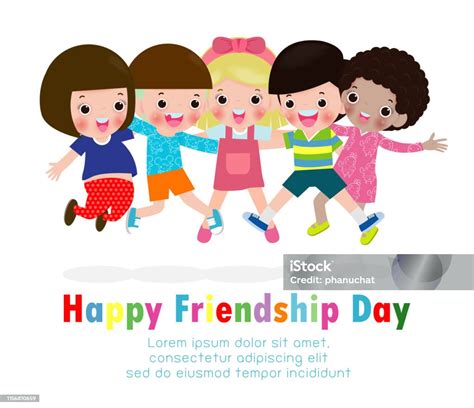 해피 우정의 날 인사말 카드 다양한 친구 그룹과 함께 점프하고 함께 포옹 특별한 이벤트 축하 배경 포스터 광고 브로셔 벡터 일러스트 레이터 개념에 대한 스톡 벡터 아트 및