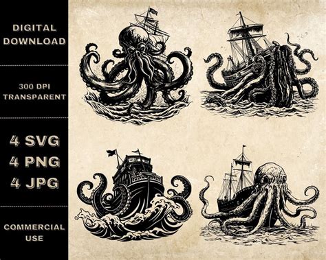 Kraken Svg Bundle Png Shipwreck Octopus Clipart Hand Drawn Sea