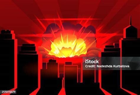 도시에서 핵 폭발 화재와 연기로 인한 파괴적인 발병 폭탄 폭발 대량 살상 무기 원자력 재해 고층 빌딩의 그림자 전쟁 도시 풍경 벡터 개념 개념에 대한 스톡 벡터 아트 및