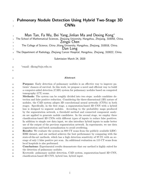 Pdf Pulmonary Nodule Detection Using Hybrid Two Stage 3d Cnns