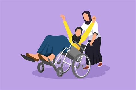 그래픽 플랫 디자인 그리기 젊고 아름다운 아랍 여성 자원봉사자는 공원에서 휠체어를 타고 있는 장애인 노인 여성을 돕습니다 가족 보호 자원 봉사 장애 보호 만화 스타일 벡터