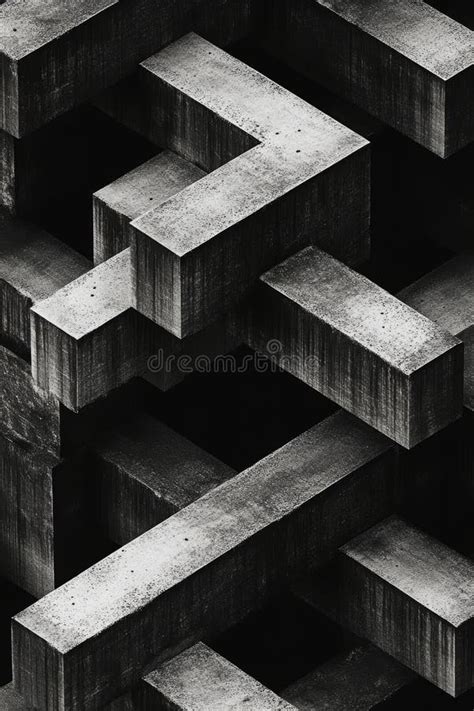 Abstract Geometric Concrete Structure With Interlocking Blocks In Monochrome Tone Stock