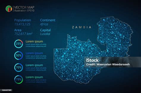 잠비아 지도 인포그래픽 벡터 템플릿은 파란색 배경에 추상적인 기하학적 메쉬 다각형 조명 개념을 가지고 있다 다이어그램 그래프