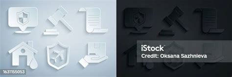 방패 문서 집 홍수 배달 보험 판사 망치 및 위치 아이콘으로 비행기를 설정합니다 벡터 3차원 형태에 대한 스톡 벡터 아트 및 기타 이미지 Istock