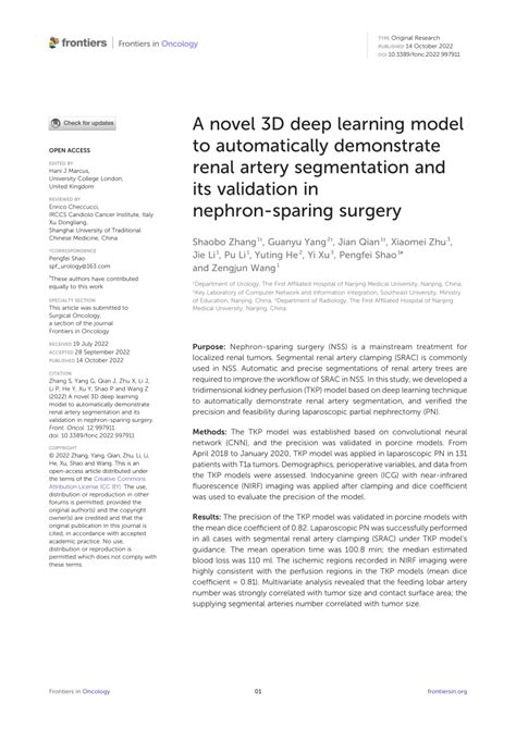 Pdf A Novel 3d Deep Learning Model To Automatically Demonstrate Renal Artery Segmentation And
