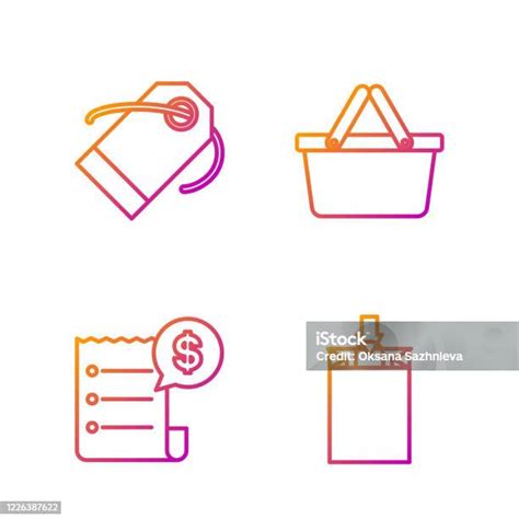 세트 라인 종이 쇼핑 백 종이 검사 및 금융 검사 빈 라벨 템플릿 가격 태그 및 쇼핑 바구니 그라데이션 색상 아이콘입니다 벡터 0명에 대한 스톡 벡터 아트 및 기타 이미지