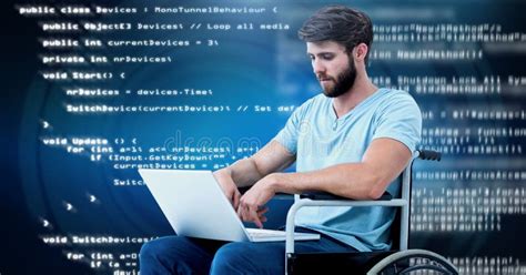 Disabled Man Typing Coding Text In Wheelchair Stock Image Image Of Flare Background 110931039