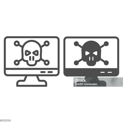 두개골과 뼈 선과 단색 아이콘으로 모니터 해커 공격 개념 벡터 그래픽 바이러스에 감염 흰색 배경에 컴퓨터 디스플레이 기호 모바일 또는 웹 디자인용 윤곽선 스타일 아이콘 가상