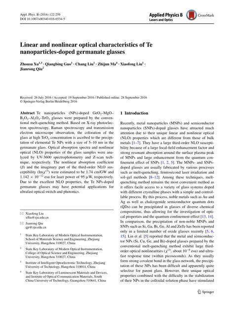 Pdf Linear And Nonlinear Optical Characteristics Of Te Nanoparticles Doped Germanate Glasses