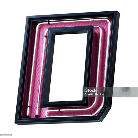 화이트 네온 라이트 알파벳 캐릭터의 3d 일러스트 캐피탈 레터 D 네온 튜브 대문자 화이트 글자 화이트 글로우 효과 블랙 메탈 박스와 핑크 바닥 플레이트3d 흰색 배경에