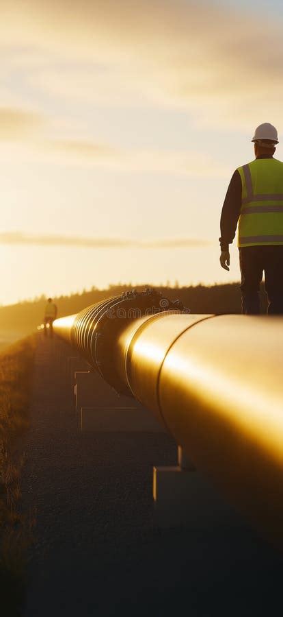 Infrastructure Worker Walking Along A Pipeline At Sunset Oil And Gas