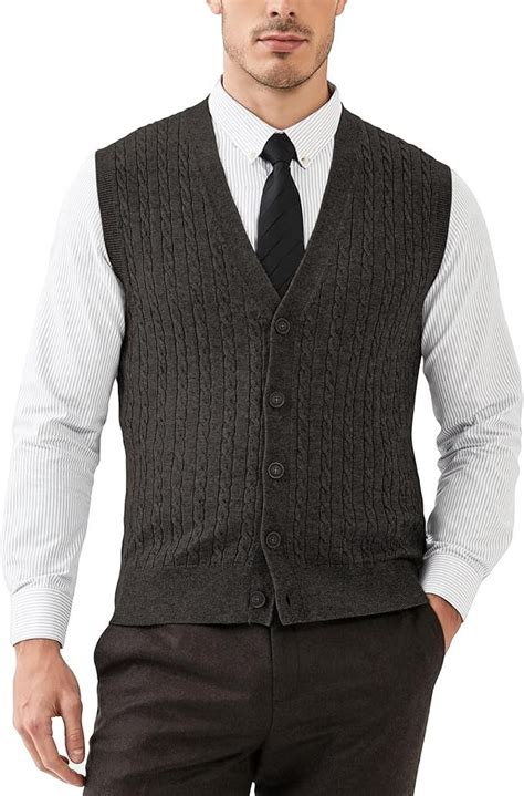 Kallspin Mens Cable Knit Sweater Vest Wool Blend V Neck Button Down