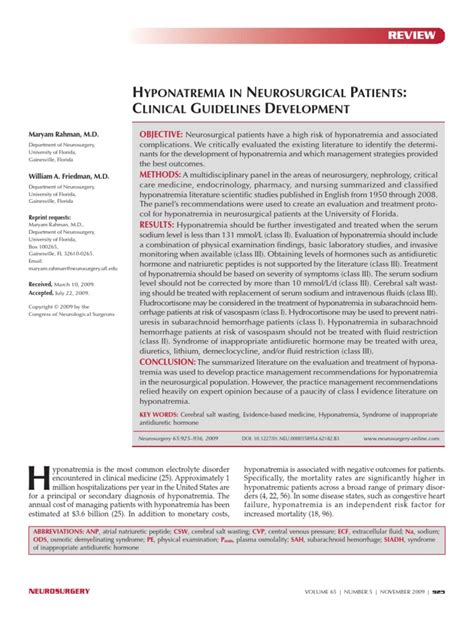 Pdf 2009 Hyponatremia In Neurosurgical Patients Clinical Guidelines