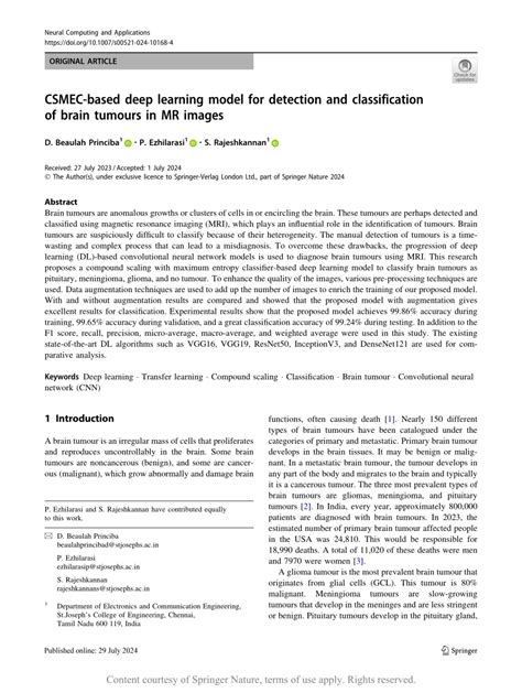 Csmec Based Deep Learning Model For Detection And Classification Of Brain Tumours In Mr Images