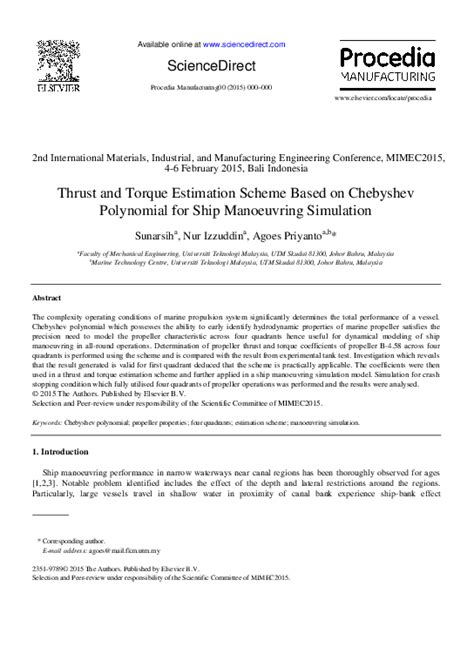 Pdf Thrust And Torque Estimation Scheme Based On Chebyshev Polynomial For Ship Manoeuvring