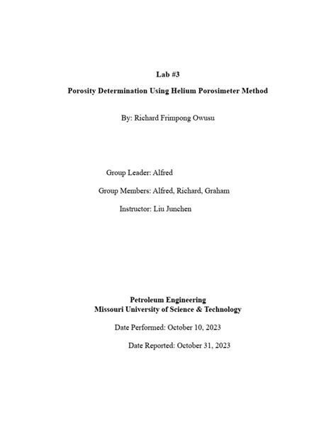 Lab 3 Porosity Determination Using Helium Porosimeter Method Pdf