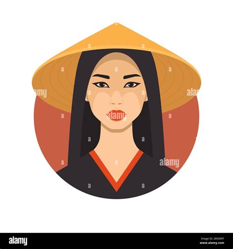 Vector Portrait Of Beautiful Young Asian Woman With Chinese Asian Traditional Conical Straw Hat