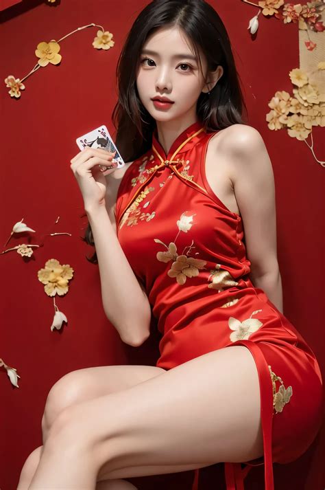 빨간 드레스를 입고 휴대폰을 들고 있는 여성의 클로즈업 Seaart Ai