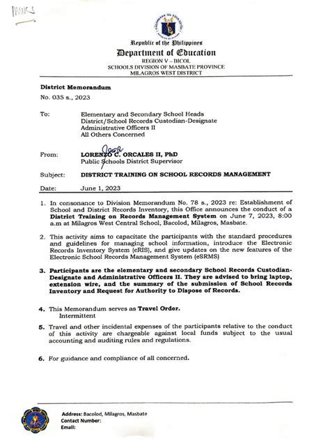 District Memo No 035 S 2023 District Training On School Records Management Pdf