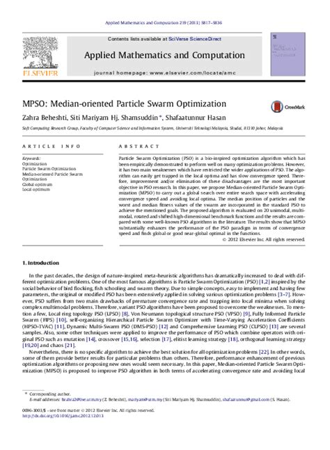 Pdf Mpso Median Oriented Particle Swarm Optimization
