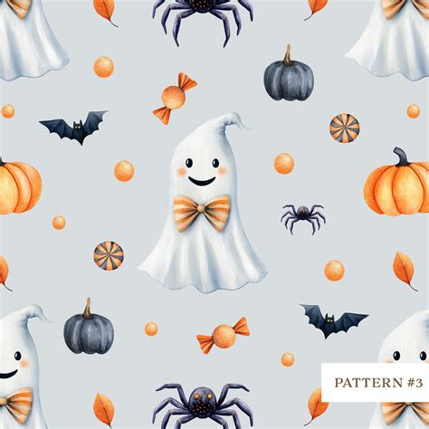 Cute Ghosts Seamless Pattern Pumpkins Spider Bat Halloween Spooky
