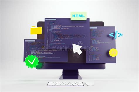 3d Rendering Of Computer Screen With Floating Html Css And Javascript