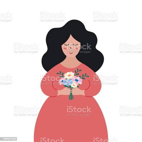 봄 초원 꽃 꽃다발을 들고 귀여운 행복한 소녀 긴 머리를 미소 예쁜 만화 젊은 여자 세계 여성의 날 봄 벡터 플랫 일러스트레이션 3월에 대한 스톡 벡터 아트 및 기타 이미지