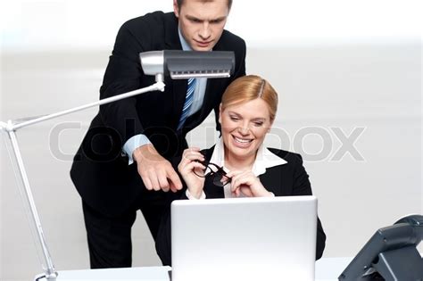 Man Pointing Finger At Laptop Screen Stock Image Colourbox