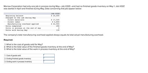 Solved Morrow Corporation Had Only One Job In Process During